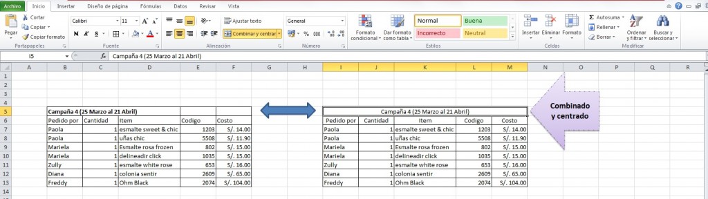 Distintas formas de combinar y centrar « Ficha Inicio « Excel Intermedio
